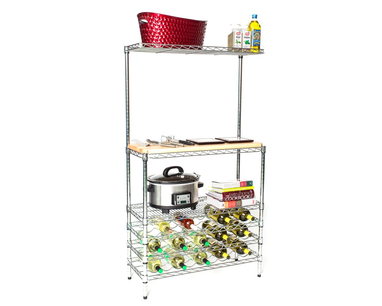 14" Deep x 48" Wide x 63" High Elegant Chrome Bakers Rack with Wine ...